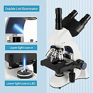 Professional Laboratory Research 40X-5000X Compound Trinocular Microscope for Adults Students with Storage Bag, Metal Eyepiece, Slides