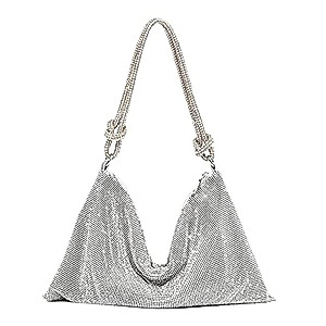 Fonzci Rhinestone Purses for Women, Silver Crystal Evening Bags Shiny Hobo Bag for Evening Party Club Bling Wedding Travel Proms Gifts Purse Shoulder Bag