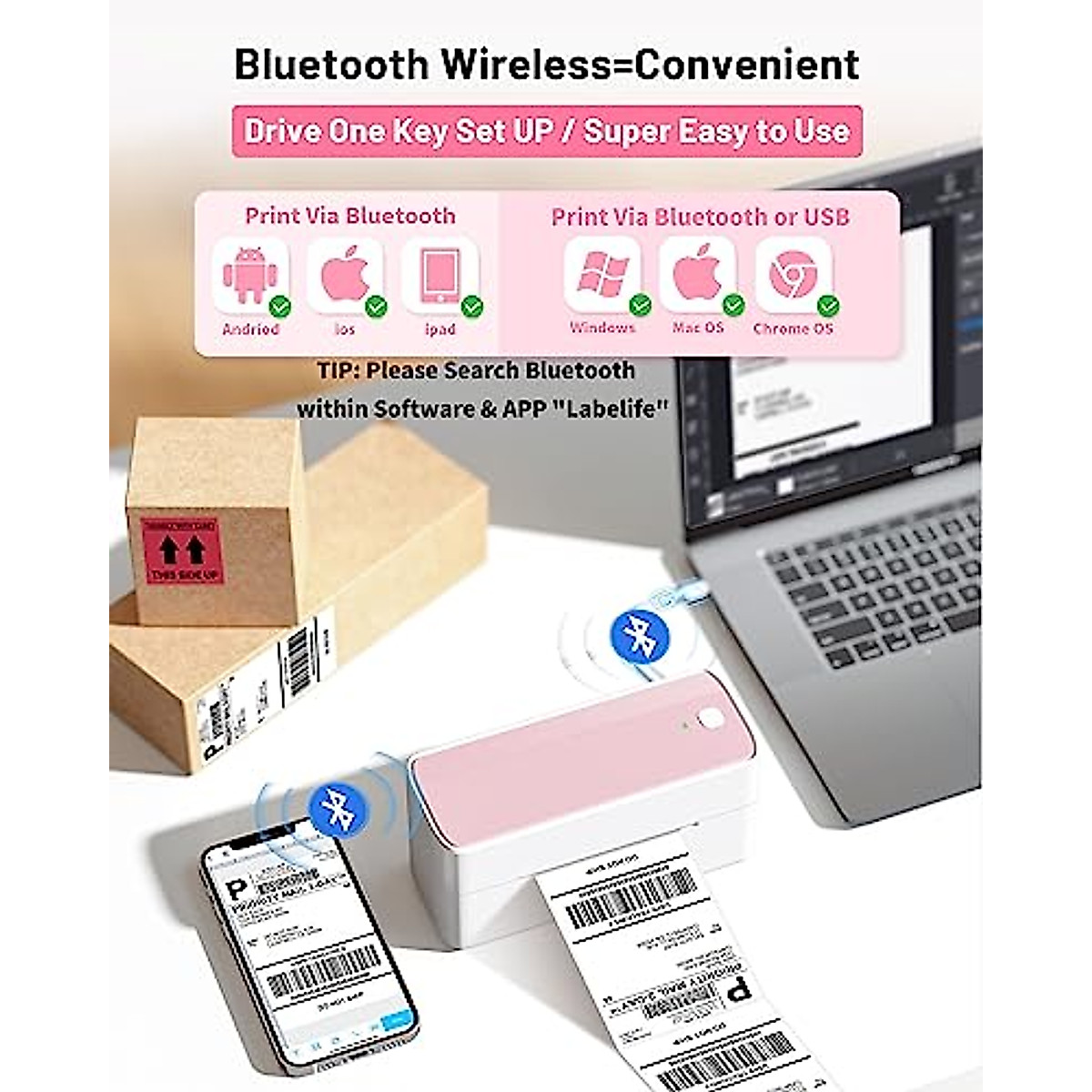 Phomemo Bluetooth Thermal Label Printer for Shipping Label - Wireless Shipping Label Printer for Phone & Pad & PC, Pink Label Printer Used for Amazon, Ebay,UPS, Shopify, TikTok, USPS, FedEx, DHL, Temu