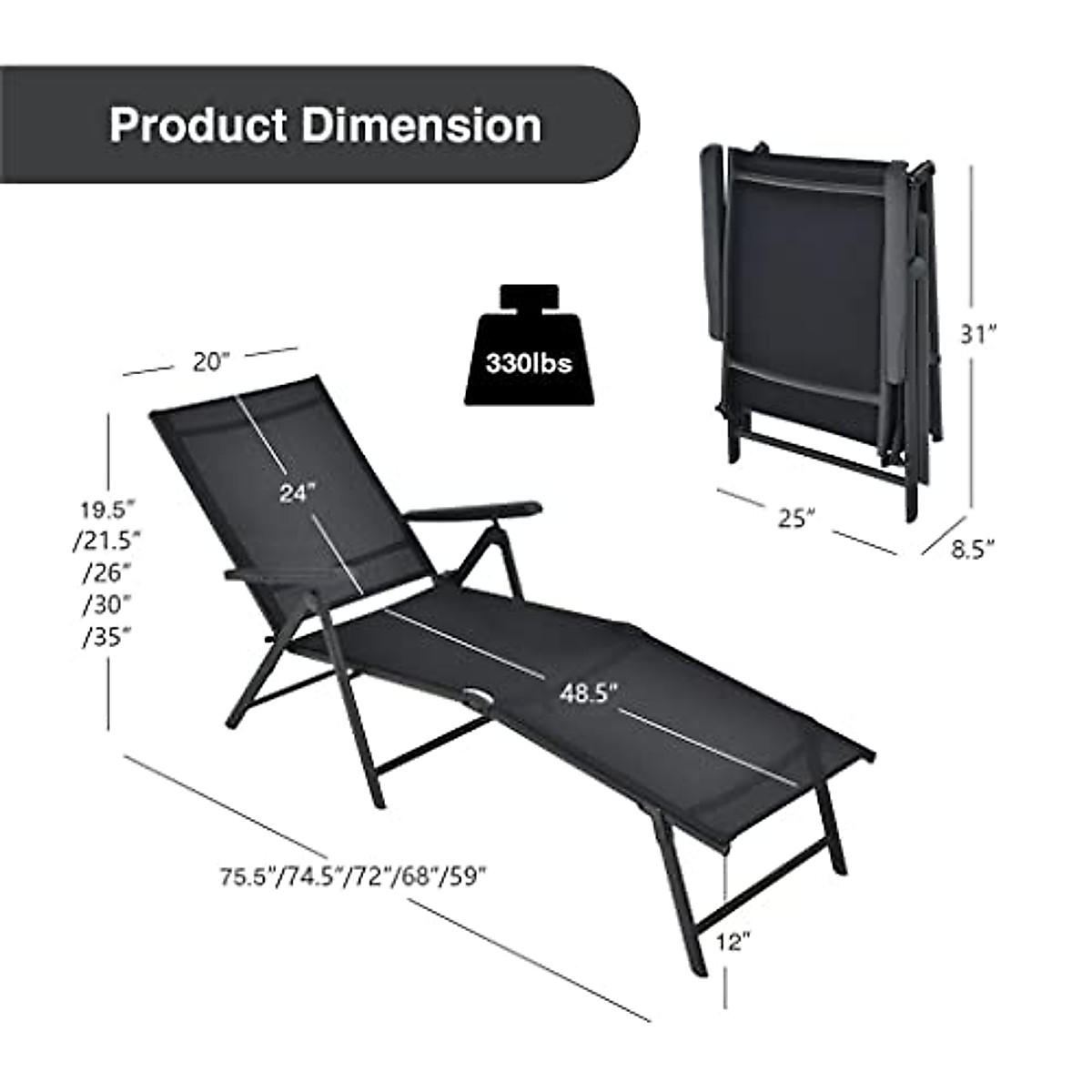FKSDHDG Patio Folding Chair 2 Piece Outdoor Portable Recliner Gray