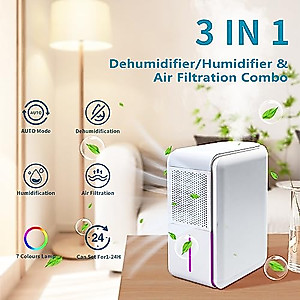 Hoomace 3 In 1 Small Humidifier Dehumidifier Combo With Air Filtration, Humidifiers Dehumidifier For Home Bedroom With Drain Hose Temperature Display,4 Modes,7 Color LED Lights,Timer Set