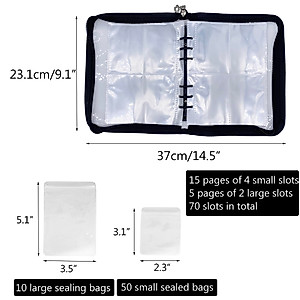 MIAO JIN Transparent Binder Jewelry Storage Book Travel Jewelry Organizer Zipper Bag Portable Pocket Folding For Necklace Earring Ring Postcard Bracelets Brooches (Black70 Grids+60 PVC Bags)
