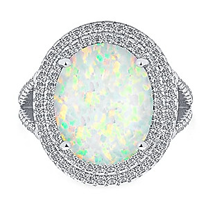 Personalize Vintage Style Gemstone Iridescent White Created Opal LARGE Oval Split Shank Pave CZ Accent Double Halo Statement Ring Women .925 Sterling Silver October Birthstone Customizable