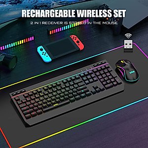 RedThunder K20 Wireless Keyboard and Mouse Combo, Full Size Anti-Ghosting Keyboard with Multimedia Keys + 7D 4800DPI Optical Mice, Rechargeable RGB Gaming/Office Set for PC Laptop Mac Xbox (Black)