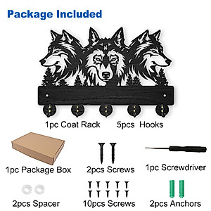 MAYJOYDIY Wood Wolf Wall Mount Coat Rack 11.8×8inch Wolf Forest Key Holder for Wall Coat Rack Wolf Key Hook 5 Alloy Hooks Animal Theme Wall Art Hook Gift for Hallway Office Living Room