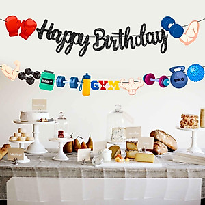 Gym Birthday Party Banner Weight Lifting Birthday Party Decorations 2Pcs Glitter Fitness Birthday Party Banners Gym Happy Birthday Banner for Gym Theme Baby Shower Supplies