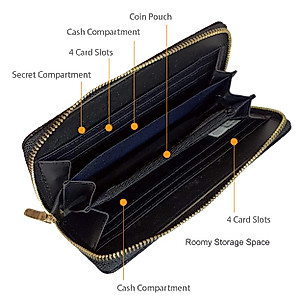 Kollie More Women Wristlet Wallet PU Leather Zipper Purse Long Clutch Travel Hand Pouch Credit Card Holder Organizer (Metallic Leopard-Black 01)