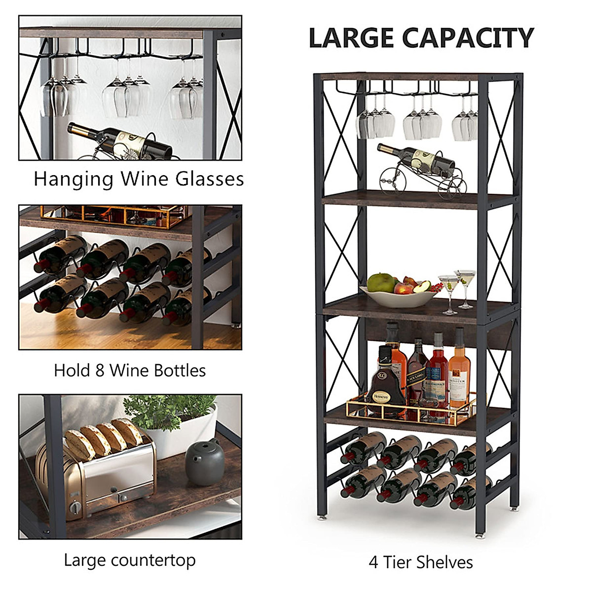 Tribesigns Wine Bakers Rack, 4-Tier Industrial Wine Rack freestanding Floor with Glass Holder and Wine Storage, Wine Bar Cabinet with Storage for Home Kitchen Dining Room, Rustic Brown