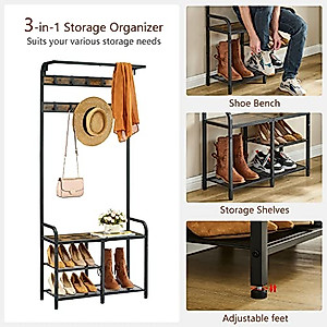 Tajsoon Coat Rack, Hall Tree with Bench and Shoe Storage, Coat Rack Shoe Bench, 3-in-1 Shoe Rack and Coat Rack for Entryway, 11.24 X 28.35 X 66.34 Inches, Metal, Rustic Brown and Black