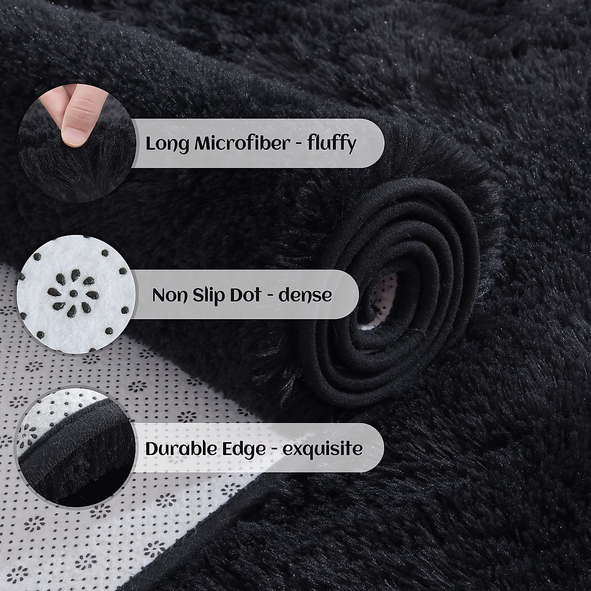 YJ.GWL Fluffy Runner Rug for Bedroom Living Room Soft Shag Rugs 2x6 Feet, Black Plush Carpet Non Slip for Nursery Dorm, Fuzzy Bedside Rug for Kids Boys Girls Room Home Decor