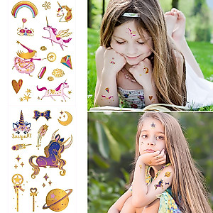 Aniuvot Glitter Temporary Tattoos for Girls Boys Kids Birthday Party Favor Supplies 16 Sheets, Children Gold Metallic Body Decoration Stickers - Rainbow, Butterflies, Space Styles…
