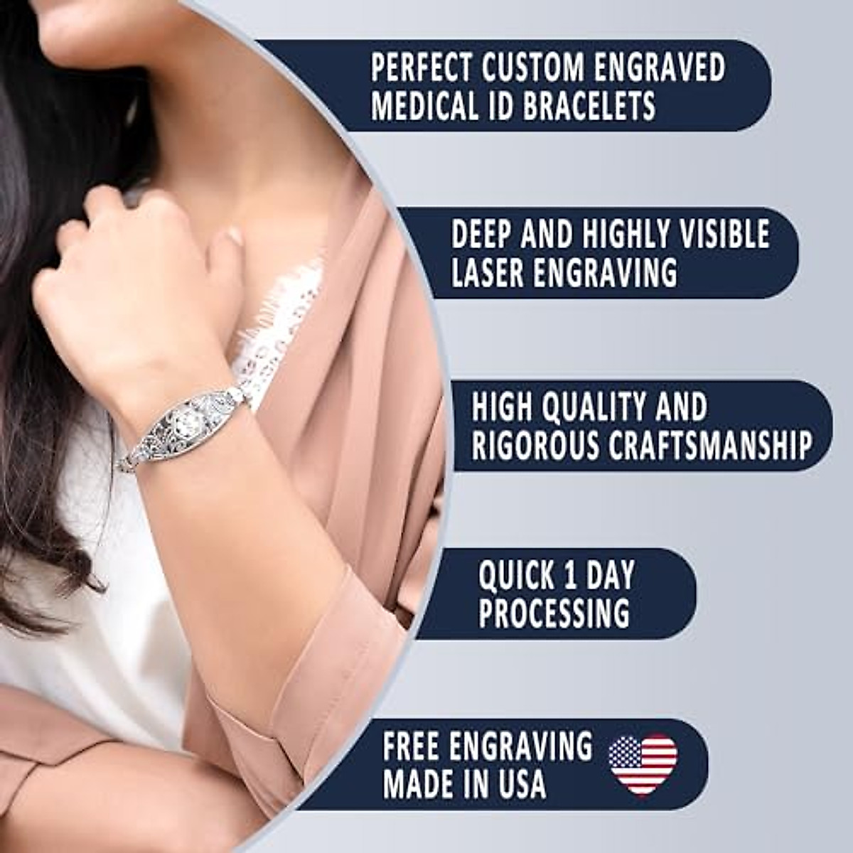 Divoti Custom Engraved Filigree Medical Alert ID Bracelets for Women, w/Heart Link – White-8.0"