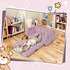 CREAWELLAY Comfy Toddler Couch Chair, Soft Chair for Kids 2 Seats, 2 in 1 Plush Fold Out Kid Sofa Chair, Convertible Sofa to Lounger Sleeper Chair for Girls and Boys, Glow Butterfly