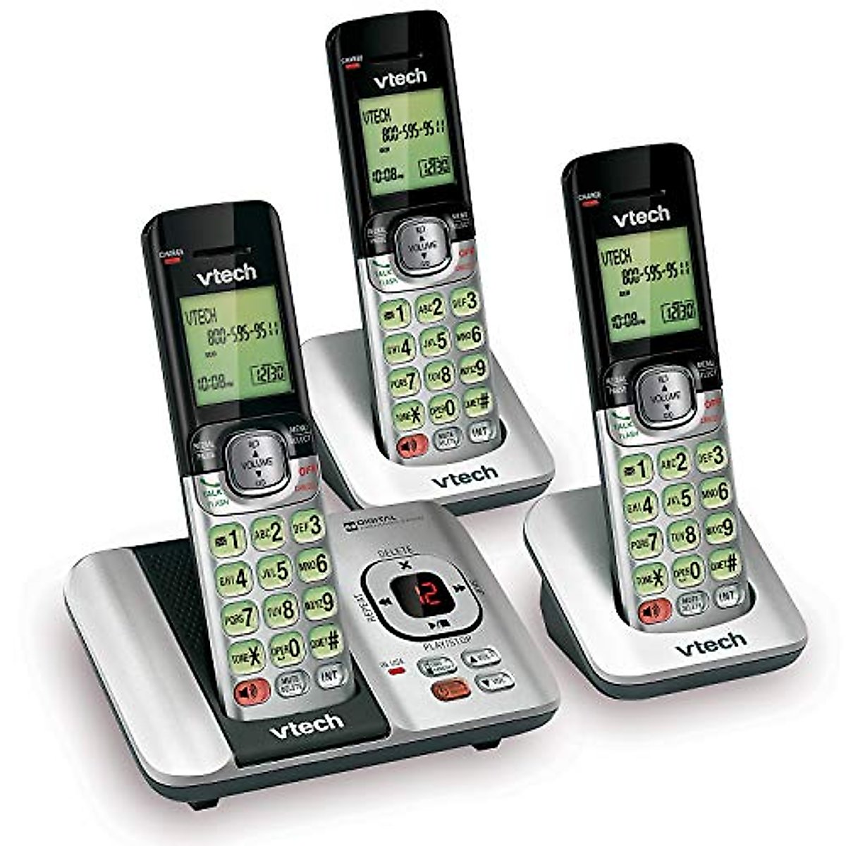 VTech CS6529-3 3-Handset Expandable Cordless Phone with Answering System-Caller ID/Call Waiting & Backlit Display/Keypad, Silver
