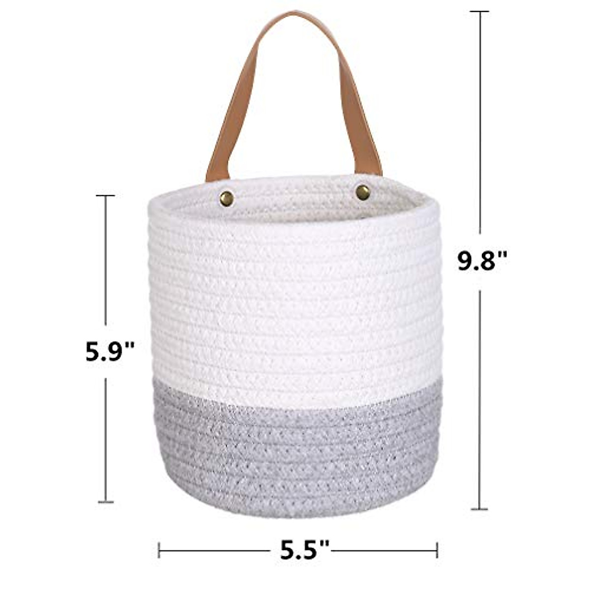 2pack Small Hanging Basket-Cotton Rope Wall Basket with Handle, Hanging Storage Basket, Shelf Baskets Storage Bin Closet Organizer 6"×6.3", Woven Plant Basket - (White & Grey)