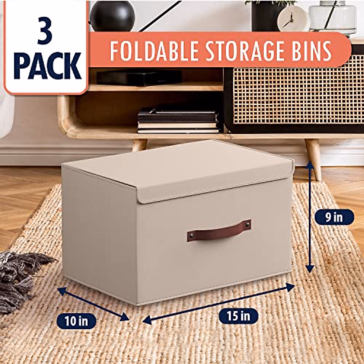 Ornavo Home 3 Pack Collapsible Storage Bins with Lid, Foldable Linen Fabric Shelf Storage Basket Closet Organizer and Large Storage Box for Clothes with Leather Handles, 15 x 10 x 9, Beige