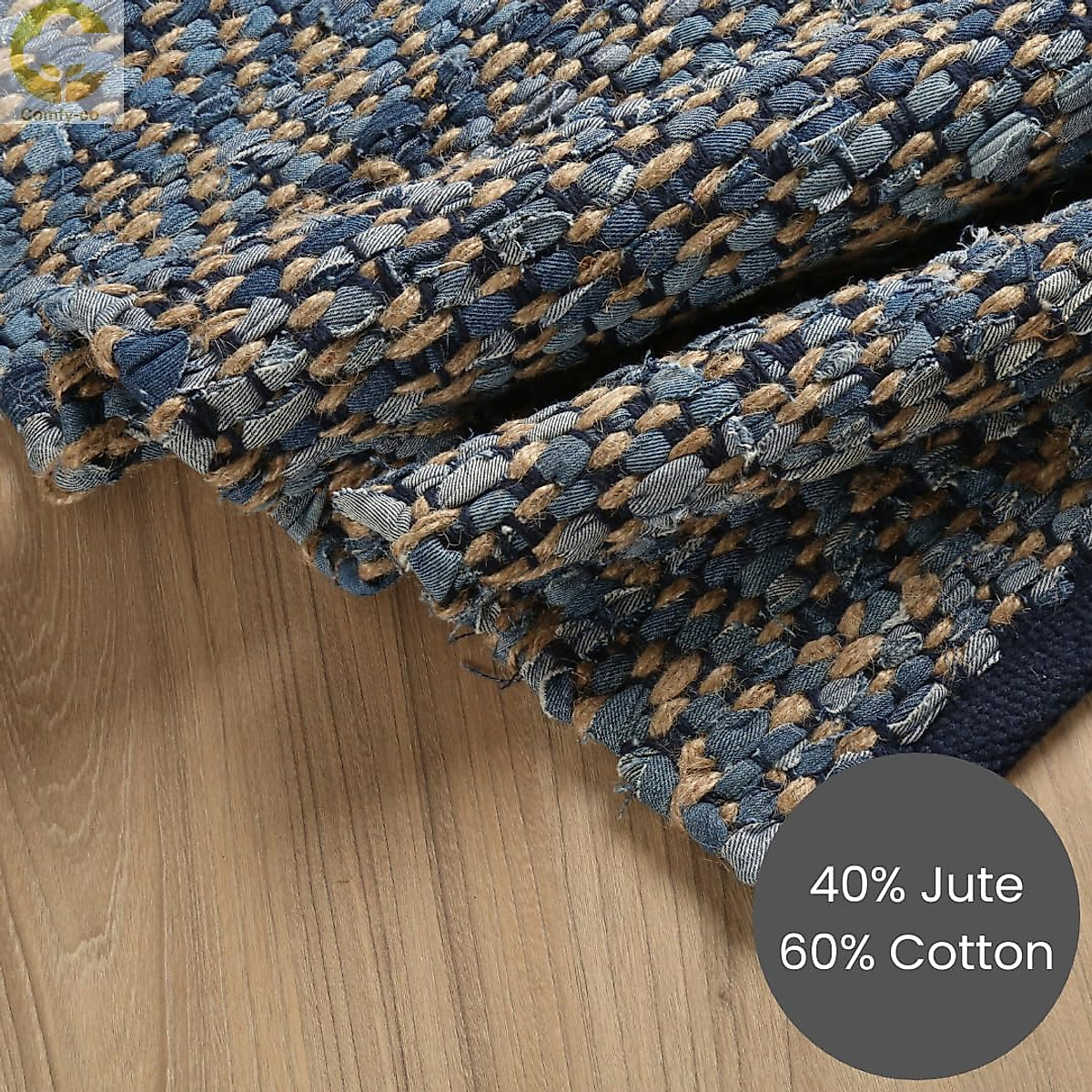 Comfy-co Area Rug Jute Denim Floor Rug 3x5 ft - Hand-Woven Area Rug Farmhouse Rustic - Anti Skid Floor Rug for Bedroom Living Room Kitchen Dorm Entryway Hallway - Area Rug Jute Denim