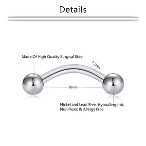 Mayhoop 16G Stainless Steel Daith Rook Earring 8mm Curved Barbell Eyebrow Rings Piercing Jewelry for Women Men