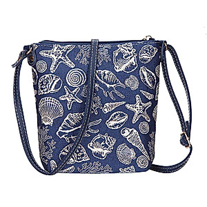 Signare Tapestry Small Crossbody Bag Sling Bag for Women with Navy Blue Sea Shell Design (SLING-SHELL)