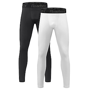 Roadbox Boys Compression Pants - 2 Pack Youth Athletic Tights Sports Leggings Kid Boys Spandex Base Layer Underwear for Basketball Football Running Blackwhite