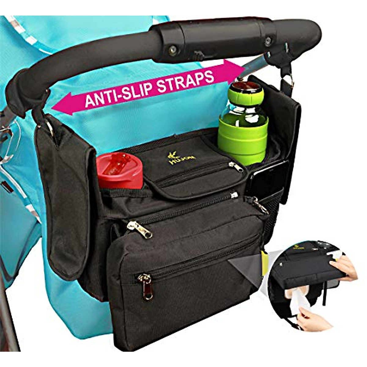 HUJOM Universal Stroller Organizer with Insulated Cup Holders, Shoulder Strap, Phone Bag and Wipes Pocket. Caddy Fits Uppababy, Baby Jogger, Britax, BOB. Must have Stroller Accessories.