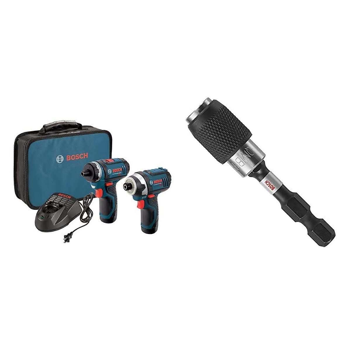 Bosch CLPK27-120 12V Max 2-Tool Combo Kit (Drill/Driver and Impact Driver) w/ 2 Batteries, Charger and Case and ITBHQC201 2 1/4", Impact Tough Quick Change Bit Holder