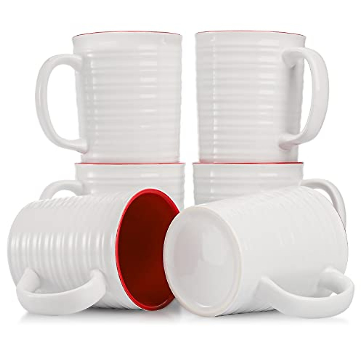 ZEAYEA Set of 6 Coffee Mug Set, 16 oz Large Coffee Cup with Handle for Coffee Cocoa Tea Milk, Ceramic Mug for Birthday, Party, Easy to Clean and Hold, White and Red