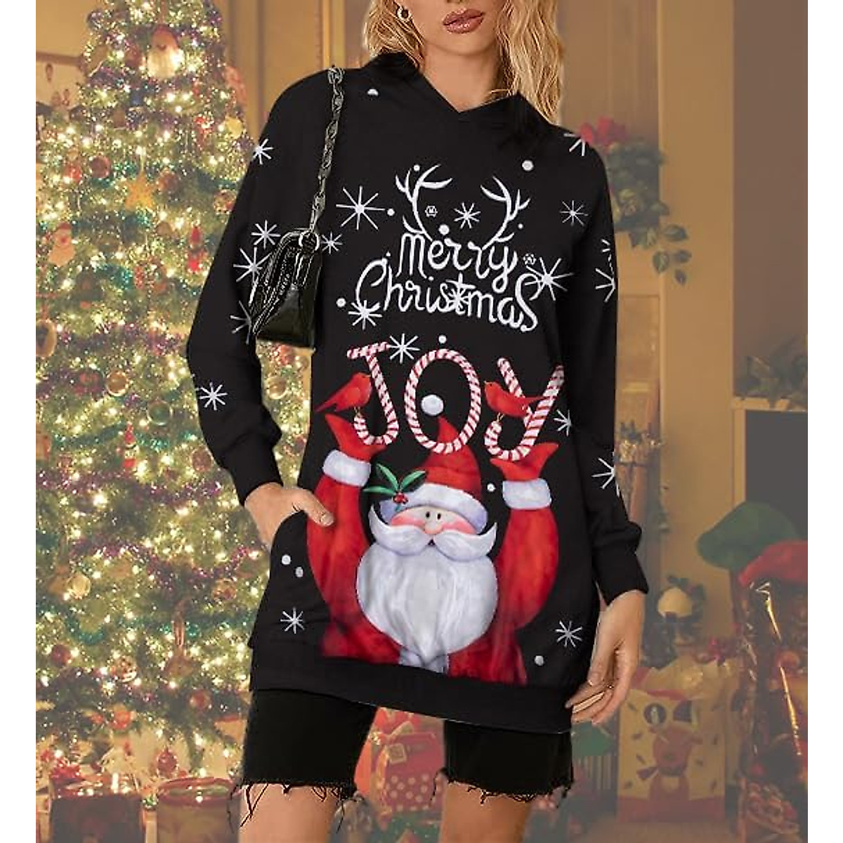MNLYBABY Women's Christmas Hooded Sweatshirt Funny Santa Graphic Shirt Long Sleeve Pullover Tunic Hoodie Dress with Pockets Black