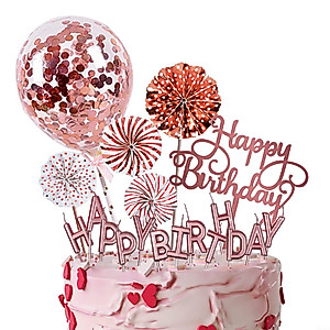 IEALODS Cake Topper Decoration with Happy Birthday Candles, Acrylic, Confetti Balloon and Paper Fans for Rose Gold Theme Birthday Party Décor