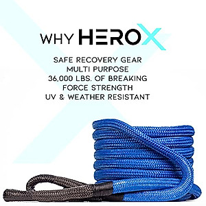 HEROX 1” x 30ft Kinetic Recovery Rope Kit - Offroad Tow Strap - Heavy Duty Tow Rope for Trucks ATV Vehicles SUV and UTV - Comes with 2 Soft Shackles and Storage Bag - Blue