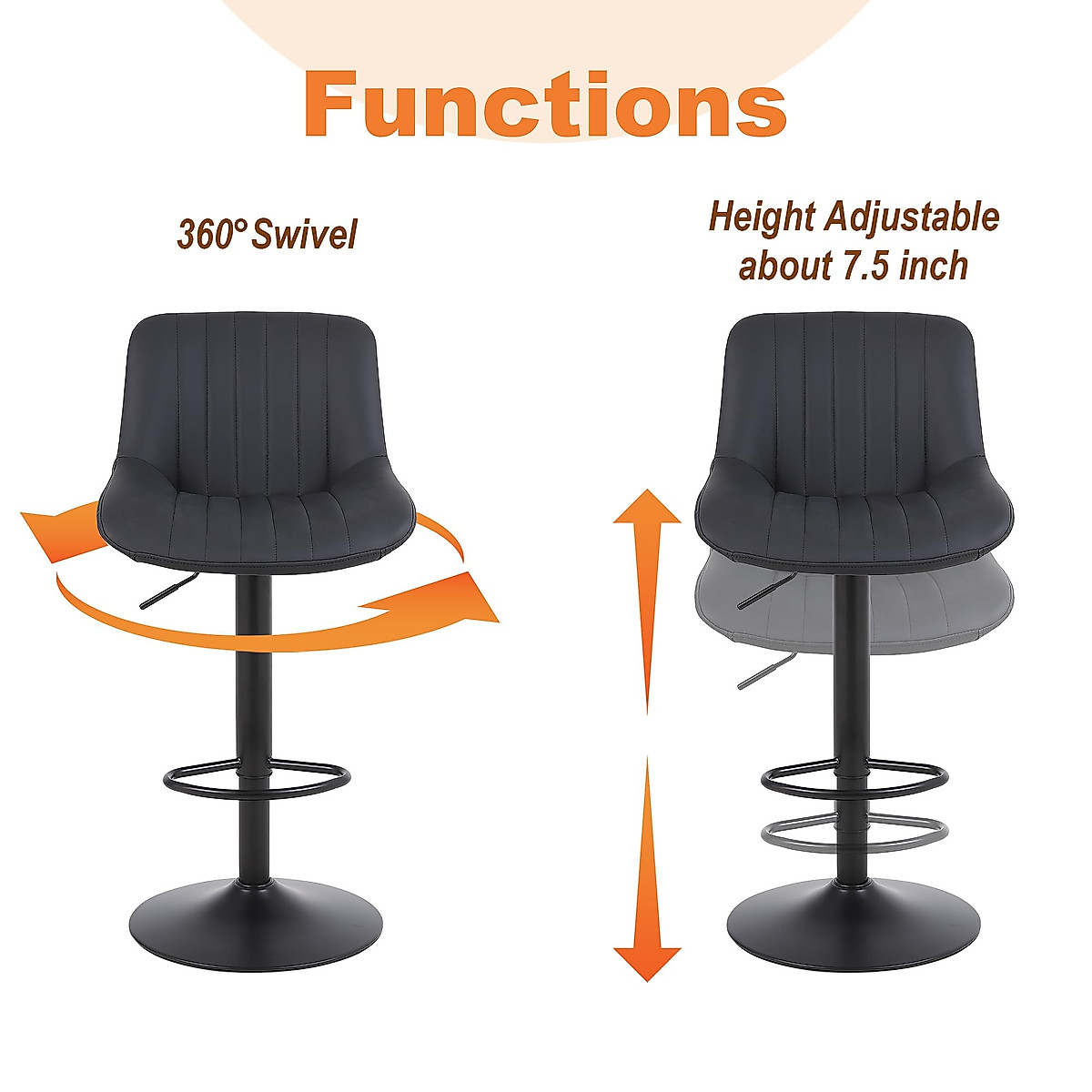 Youhauchair Bar Stools Set of 2, Swivel Counter Height Barstools with Back, Adjustable PU Leather Bar Chairs, Modern Armless Kitchen Island Stool, Black