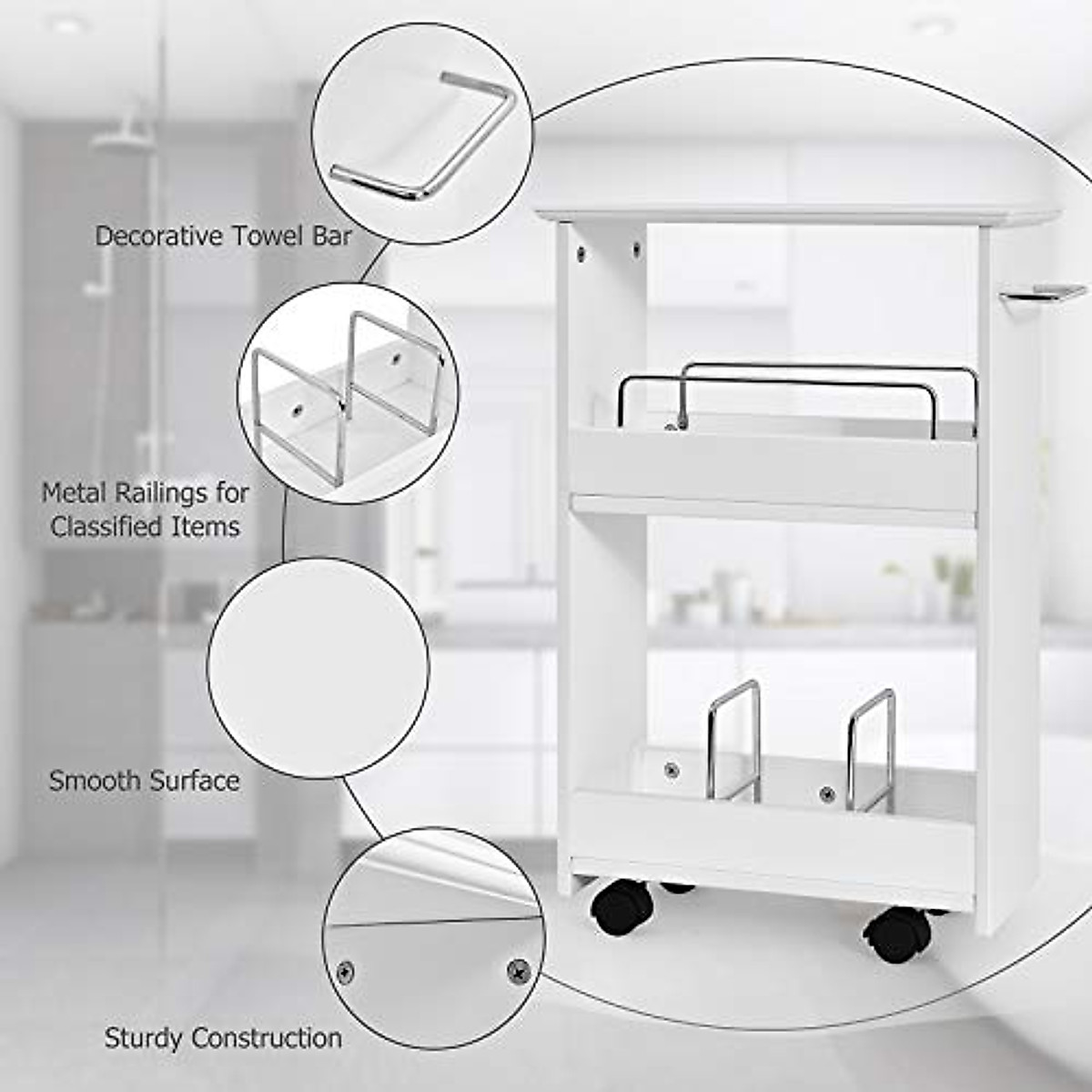ARLIME 3 Tier Bathroom Storage Cart, Wooden Rolling Storage Cabinet w/ Towel Rack and Side Handle, Lockable Wheel, Side Storage Organizer for Bathroom Kitchen Laundry