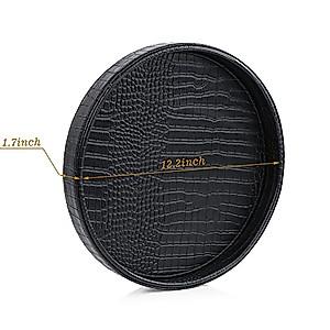 HofferRuffer Faux Leather Round Serving Tray, Vegan Croco Leather Decorative Tray, Food Tray for Storage Drinks, Snack & Cosmetics, Dia.12'' x 1.6'' (Black)