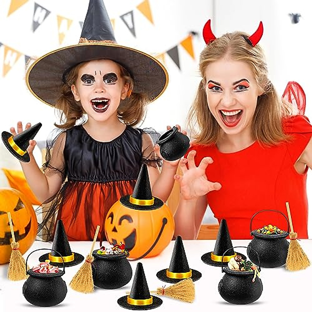 ZHWKMYP Mini Witch Hats and Brooms, 12Pcs Small Witch Hat for Crafts Kit, Witches Broom and Black Candy Cauldron Kettles for Halloween Decorations Party Supplies