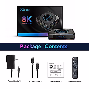 Xilibod Android TV Box Android 11 TV Box 4GB RAM 32GB ROM Amlogic S905X4 Quad Core 64 Bit Mali-G31 MP2 2.4G/5G WiFi BT4.1 USB3.0 Colorful Lighting Smart TV Box - Model No.: X96X4 4GB 32GB