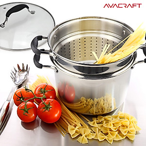 AVACRAFT 18/10 Stainless Steel, 4 Piece Pasta Pot with Strainer Insert, Stock Pot with Steamer Basket and Pasta Pot Insert, Pasta Cooker Set with Glass Lid, 7 Quart