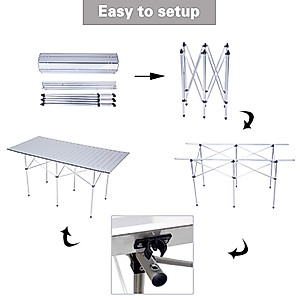 Koreyosh Folding Camping Picnic Table 55 Inches Portable Roll Up Lightweight Compact Aluminum Outdoor Table with Carry Bag for Party,Beach, BBQ, Buffet (Silver)