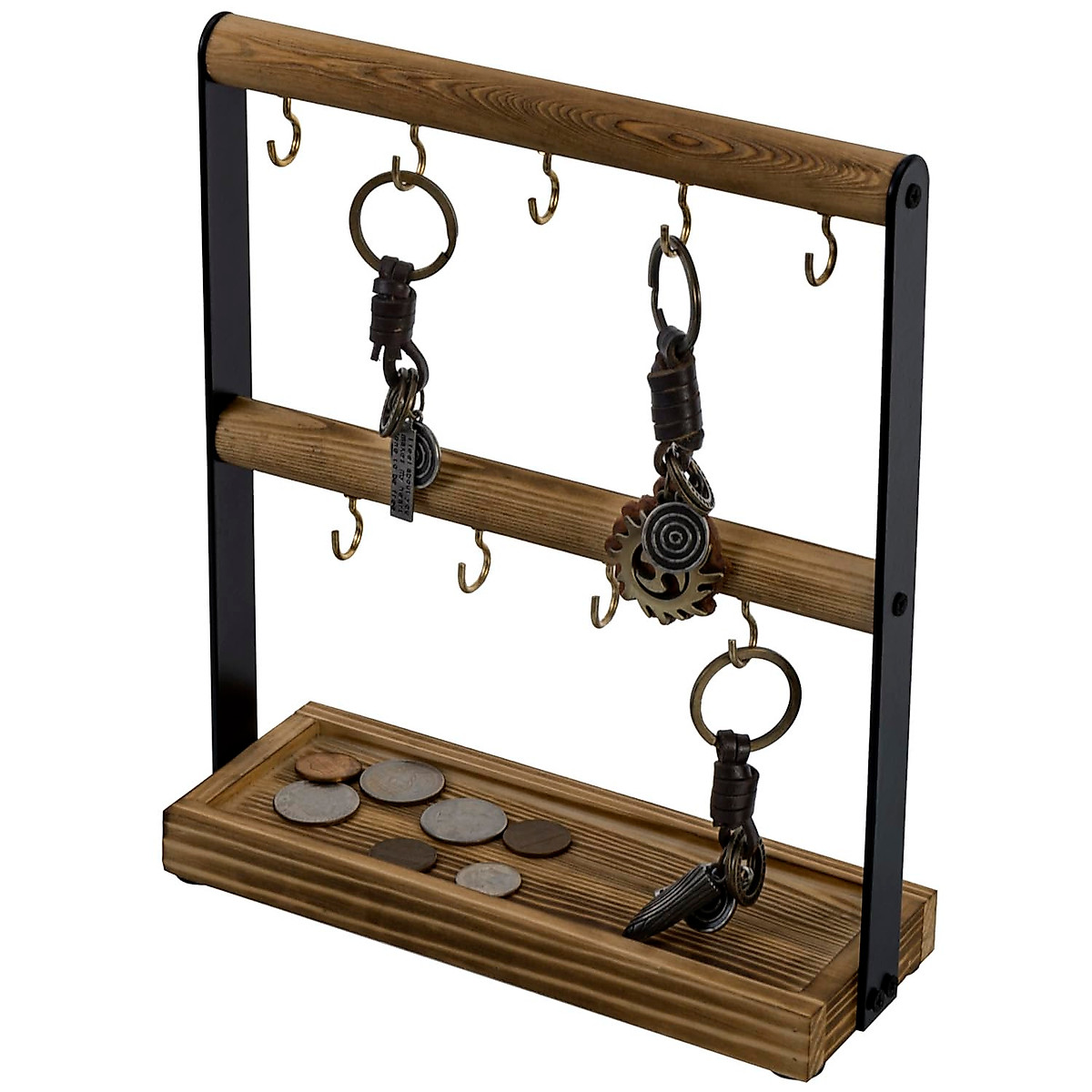 MyGift Burnt Wood & Black Metal Tabletop Key Rack with 9 Hooks and Catchall Tray