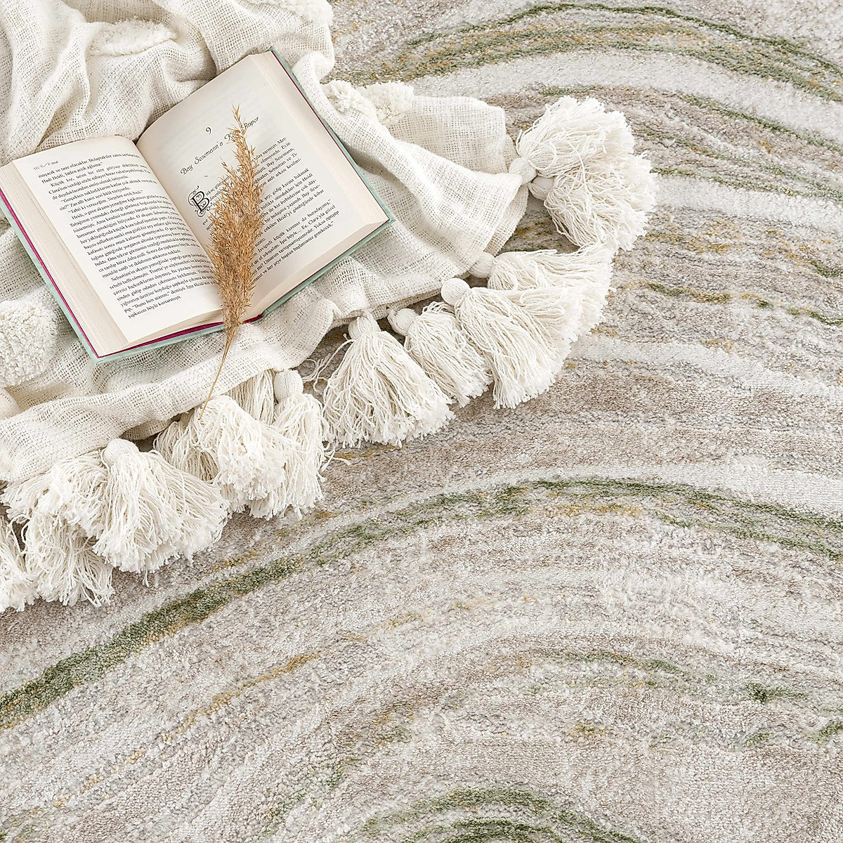 BoutiqueRugs Liverpool Modern Abstract Area Rug - Contemporary Marble Print Rug for Living Room - Cream, Green, Sage - 6'7" x 9' (6x9 Area Rug)