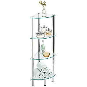 mDesign Modern Glass Corner 4-Tier Storage Organizer Tower Cabinet with Open Shelves - Display Furniture for Bathroom, Office, Bedroom, Living Room - Holds Books, Plants, Candles - Chrome/Clear