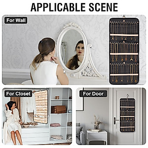 VOPTON Large Hanging Jewelry Organizer with 48 Pockets, Necklace Holder Wall Mounted, Dual-Sided Travel Bracelet Ring Earrings Storage Closet, Jewelry Hangers Hooks for 36 Necklaces Door and 5 Bags