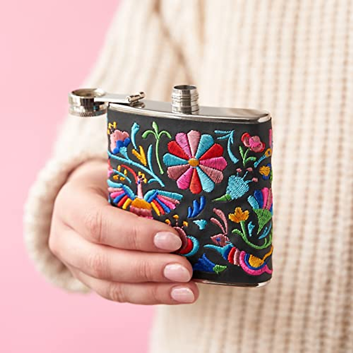 Blush Black Floral Embroidered Flask - Pocket Leather Flask Purse for Women, Whiskey Drinking Flasks, Small Thin Metal Stainless Steel Flasks for Liquor for Women, Wine Accessories - 6 oz, Black