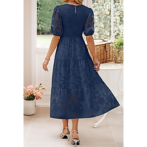 ZESICA Women's 2025 Summer Short Puff Sleeve Crewneck Smocked Floral Lace Flowy A Line Tiered Maxi Dresses,Navy,Small