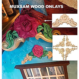 MUXSAM Wooden Carved Rose Appliques Onlays, 4-Pack Unpainted Rose Carvings Decals for Cabinet Drawer Wall Headboard Dresser Mirror Pew Cupboard etc Furniture Decoration(8x8cm/3.15"x3.15")