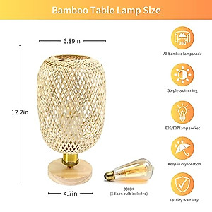 CACCISUN Bedside Table Lamp, Dimmable Rattan Lamp, Woven Table Lamp Boho Bedside Lamp, Handmade Desk Accent Lamp for Living Room End Tables, Kids Room, Bedroom, Dorm Decor