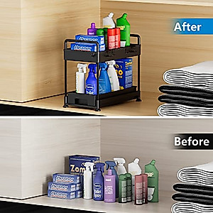 MZF Under Sink Organizer and Storage, 2 Tier Sliding Under Bathroom Cabinet Storage Drawer Organizer with Hooks and Cups, Multi-purpose Under Sink Shelf Organizer for Bathroom Kitchen, Black