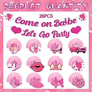 Come On Babe Let's Go Hot Pink Princess Birthday Banner and Hanging Swirl Hot Pink Girls Party Supplies Party Decorations for Bachelorette Bridal Shower Party Supplies