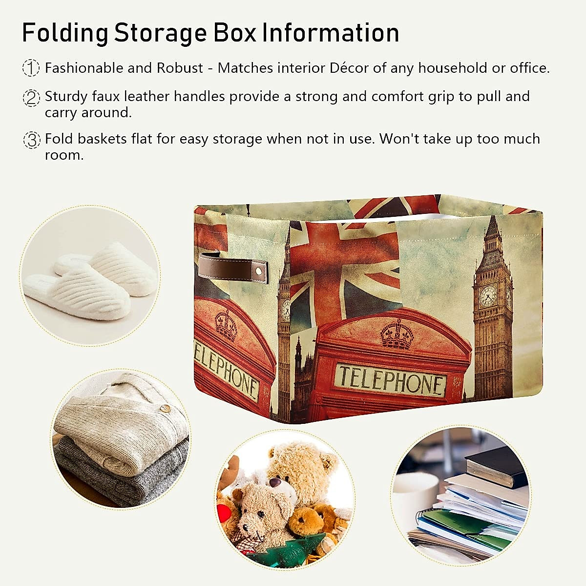 AUUXVA London UK Flag Telephone Booth Storage Bins Basket, Big Ben Union Jack Collapsible Storage Cube Rectangle Storage Box with Handles for Shelf Closet Nursery Bedroom Home Office 2 Pack