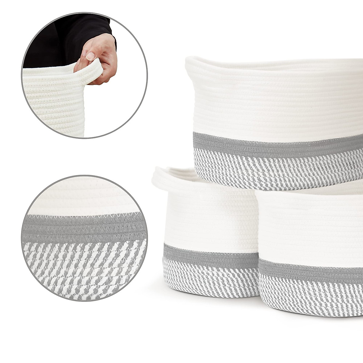 DECOMOMO Woven Baskets for Storage | Large Decorative Cotton Rope Basket for Organizing Baby Toy Book Nursery Kids Laundry Organizer 15" x 11" x 10" (Grey, Large – Set of 3)