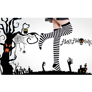 ZIXIANNIU Halloween Womens Long Socks Striped Thigh High Socks Cotton Over the Knee Socks Leg Warmers Christmas stockings (Black)